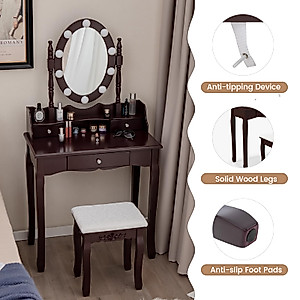 GOFLAME Vanity Table Set with Rotatable Mirror, Makeup Vanity Desk with 3-Color Dimmable LED Lights, 3 Drawers and Cushioned Stool, Dressing Table Set for Bedroom Studio (Brown)