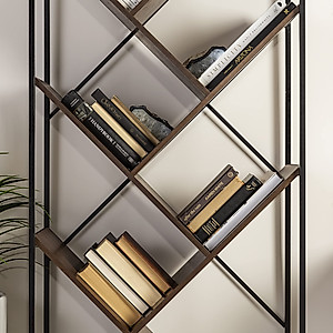 Walker Edison Modern V-Shaped Open Shelf Metal Wood Bookcase Tall Bookshelf Storage Home Office, 68 Inch, Dark Walnut
