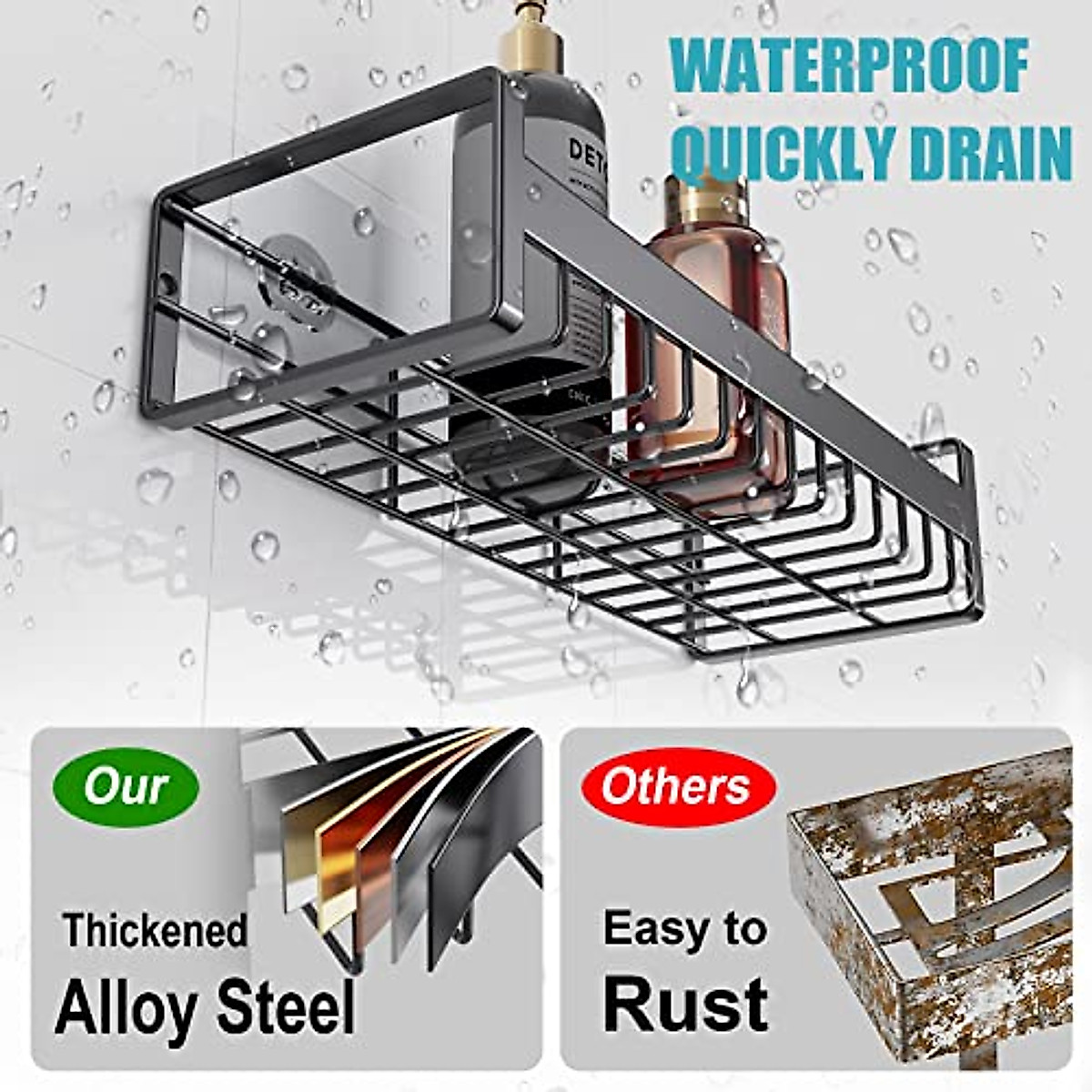 Shower Caddy, Adhesive Shower Organizer, 3 Pack Adhesive & Drilling Shower Shelf Basket, Rustproof Shower Rack with Soap Holder, Shower Shelves for Inside Shower, Bathroom Kitchen Storage (Black)