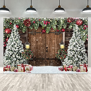 Lofaris Winter Christmas Backdrop Xmas Photography Backdrop Rustic Barn Wood Door Backdrop Xmas Tree Snow Gift Bell Kids Adult Family Supplies Banner Party Baby Shower Decoration Background 9x6ft