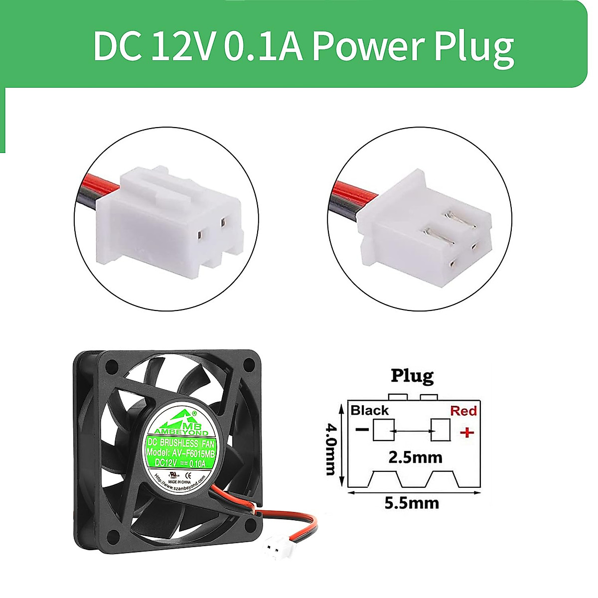 2-Pack 60mm by 60mm by 15mm 6015 12V DC 0.10A Dual Ball Bearing Brushless Cooling Fan 2pin