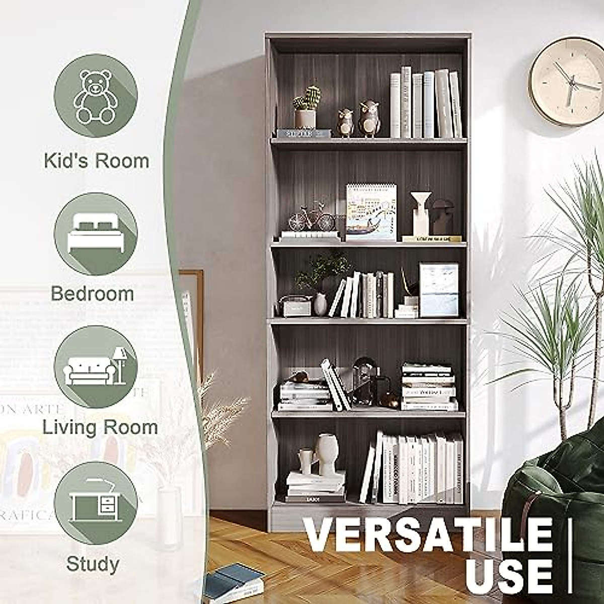 VICLLAX 5-Shelf Wood Bookcase, Narrow Adjustable Open Bookshelf, Tall Display Storage Shelf for Living Room, Bedroom, Kids Room, Office, Grey