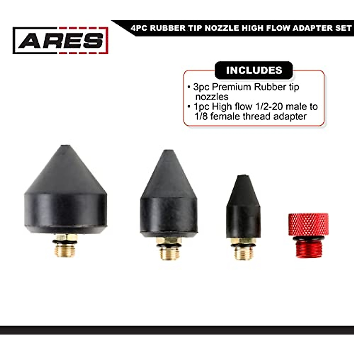 ARES 17005 – 4-Piece Rubber Tip Nozzle Accessory Set for Any Air Blow Gun – Includes 3 Rubber Tip Sizes and High Flow Adapter – Rubber Tips Protect Finished Surfaces During Use