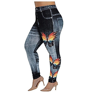 MAYW Stretchy Comfy Seamless Skinny Denim Print Fake Jeans,Women's Denim Print Fake Jeans Seamless Full Length Leggings,Casual High Waist Flower Printed that Look Like Jeans for Women,black,XX-Large