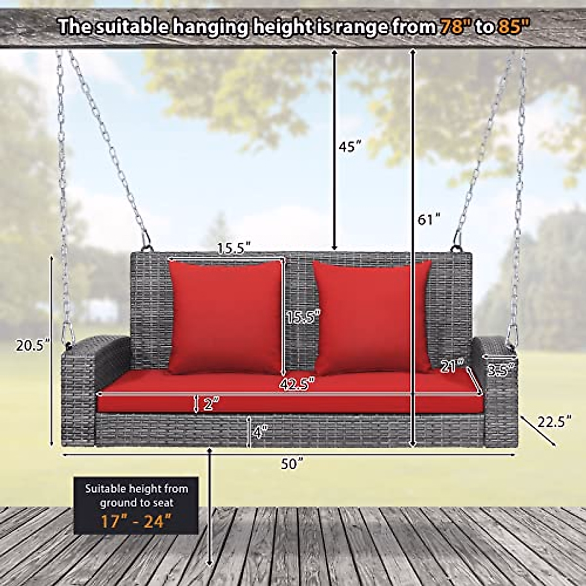 Tangkula 2 Person Wicker Hanging Porch Swing, Patiojoy Outdoor Rattan Swing with Soft Cushions and 2 Rustproof Steel Chains, 800 LBS Patio Swing Bench for Balcony, Garden and Yard (Red)