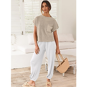 ANRABESS Women's Two Piece Outfits Knit Sweater Vest Crop Top Pants Lounge Matching Tracksuit Sweatsuit Travel Clothes Sets Khaki White Small