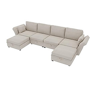 kevinplus 110" Modular Sectional Sofa Couch for Living Room, Modern Contemporary 4-Seat U-Shape Sofa Couch with Storage Seat & Reversible Ottoman for Apartment Office, Linen Fabric, Beige