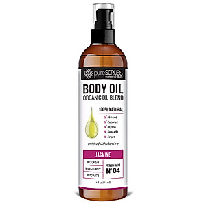 pureSCRUBS Ultra Moisturizing Jasmine Body Oil Spray for Dry Skin, Massage, Cuticles & More - Organic Super Blend of Jojoba, Argan, Coconut, Sweet Almond & Avocado Enriched with Vitamin E, Lg 4oz