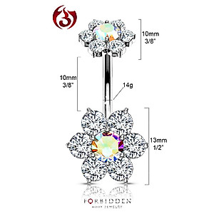 Forbidden Body Jewelry Surgical Steel Belly Ring with CZ Flower Design & Internally Threaded Matching Top, Clr/Aurora Borealis