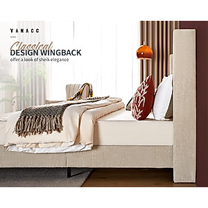VanAcc King Size Platform Bed Frame, 50.8" Corduroy Upholstered Bed with Vertical Channel Tufted Headboard/Wooden Slats/Wingback/No Box Spring Required/Beige