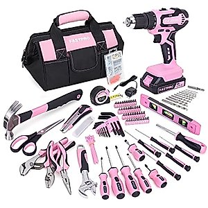 FASTPRO 232-Piece 20V Pink Cordless Lithium-ion Drill Driver and Home Tool Set, Lady's Home Repairing Tool Kit with 12-Inch Wide Mouth Open Storage Tool Bag
