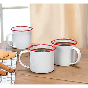 Red Co. Set of 6 Enamelware Metal Small Classic 5 Oz Round Coffee and Tea Mug with Handle, Solid White/Red Rim