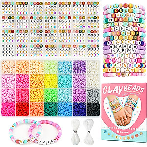 Dowsabel Friendship Bracelet Kit, 28 Colors Clay Beads Letter Beads Bracelet Making Kit, 4 Styles of Round Alphabet Beads with Number, Heart Beads for Jewelry Making, Ideal Gifts for Girls 6-13