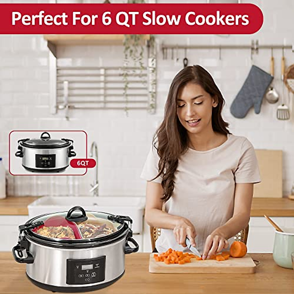 YCQQPRO Silicone Slow Cooker Liners Divider, Leakproof Reusable Silicone 6QT Oval Crockpot Divider Insert, Diwasher Safe Cooking Liner for 6 Quart Slow Cooker Kitchen Accessories (Rose & Skin)