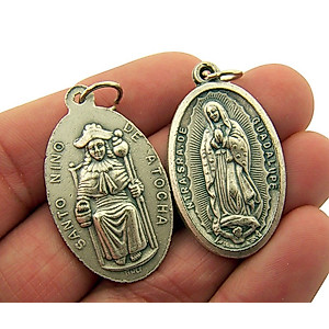 Religious Gifts Silver Toned Base Our Lady of Guadalupe Santo Nino de Atocha Two Sided Medal Pendant, 1 3/8 Inch
