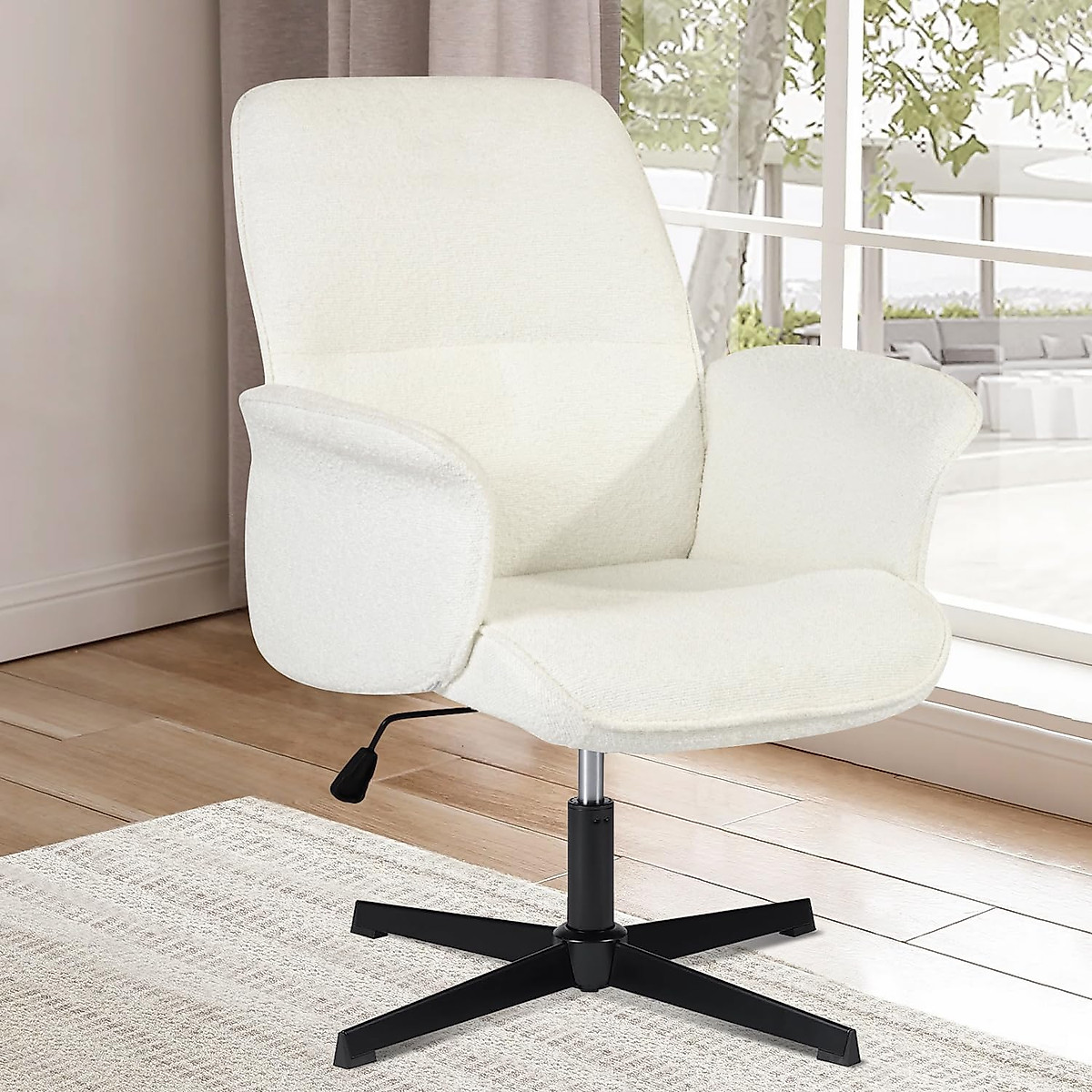 Home Office Chair, Upholstered Linen Fabric Padded Mid Back Accent Chair, Computer Desk Chairs Ergonomic No Wheels Stylish Swivel Adjustable Vanity Chair with Armrests, Beige