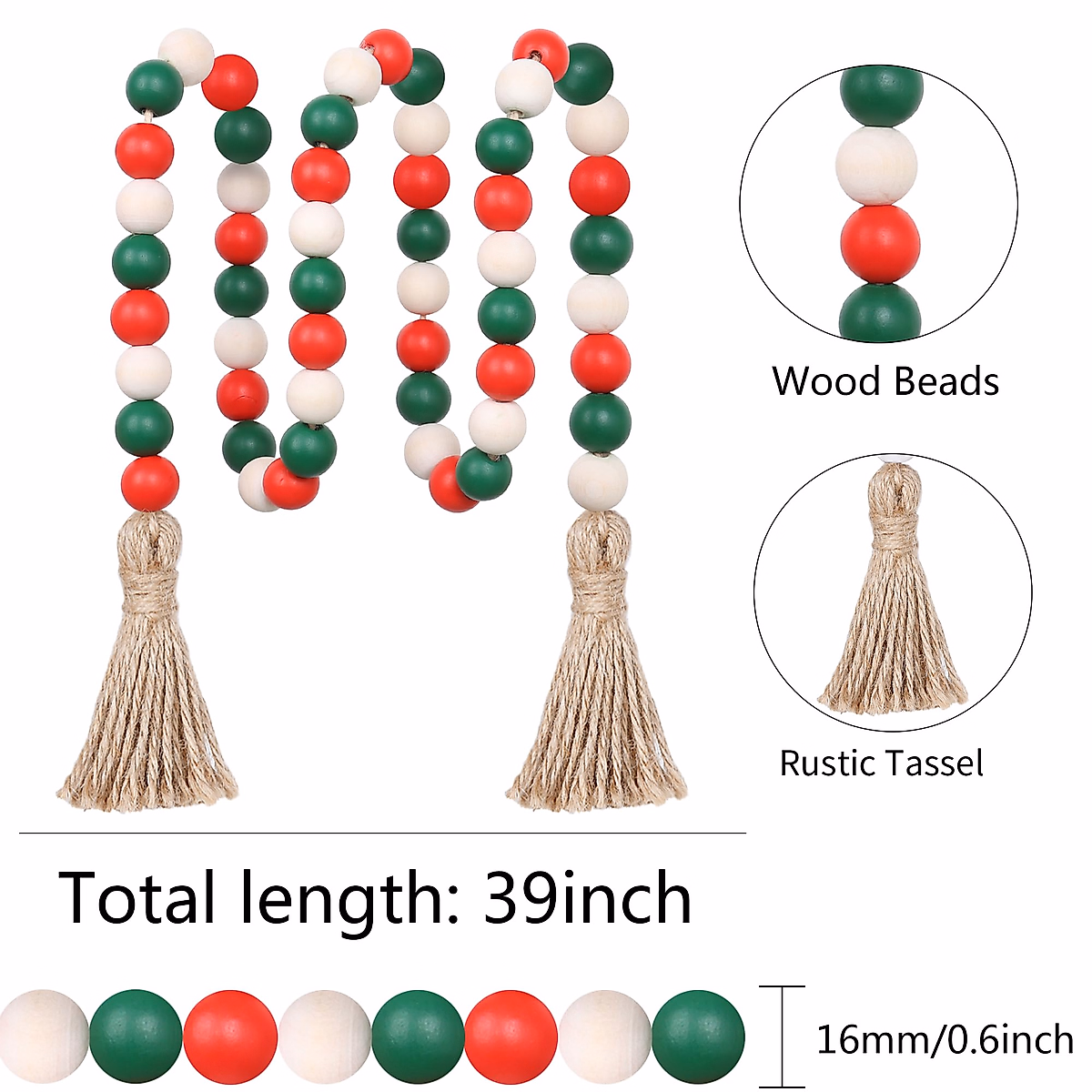 Christmas Wood Bead Garland,39in Farmhouse Beads with Tassels Christmas Tiered Tray Decor Wall Hanging Home Ornaments for Christmas Tree Decorations