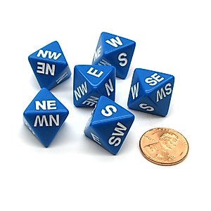 Koplow Games Set of 6 Compass Cardinal Direction 8 Sided Dice - Blue with White Letters