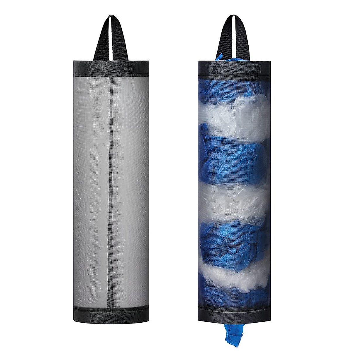 LINEVI Bag Holder for Plastic Bags, 4 Pcs Polyester Grocery Bag Holder Plastic Dispenser Foldable Breathable Washable Hanging Mesh Garbage Bag Organizer for Kitchen Plastic Bag Storage