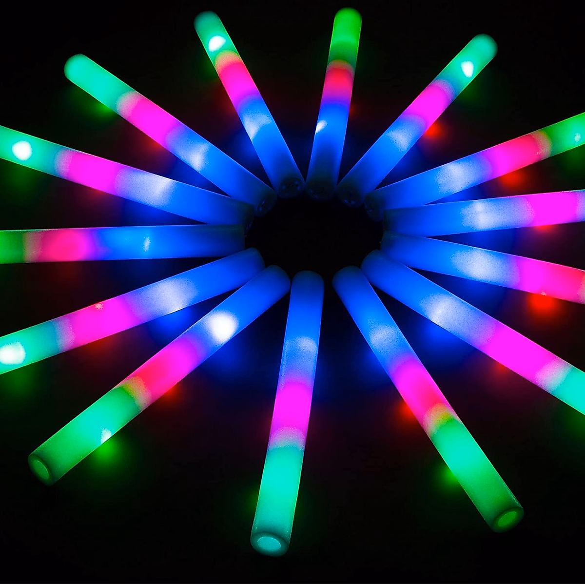 SHQDD 28 PCS Glow Sticks Bulk, New Year Party Favors, Foam Glow Sticks with 3 Modes Colorful Flashing, Glow in The Dark Party Supplies, LED Glow Sticks for Wedding, Raves, Concert, Camping, Carnival