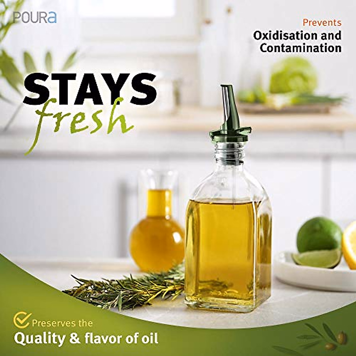 AIRTIGHT Olive Oil Spout for Olive Oil Dispenser - UK Patented Oil Pourer - Hygienic One Handed Open Close Mechanism Keeps Oil Fresh. Dust Caps | Pour Spout Cover | Screens Alternative - Green 2 PCs