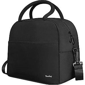 Naukay Large Lunch Bag Insulated Lunch Box for Women and Men, Light Durable Tote Bag with Adjustable Shoulder Strap for Office Work School Picnic Hiking Beach Fishing-(Black)
