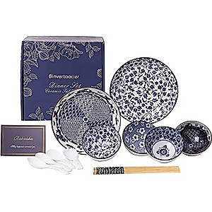 Binvertaocier 14-Piece Porcelain Asian Bowls Set with Spoons Rice Bowls with Chopsticks 10 Oz Bowls,Small Soup Bowls,Asian Plates and Bowls Set, (Vintage blue)