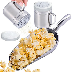 CUSINIUM Aluminium Popcorn Scoop + 2pcs Popcorn Salt Shaker with Handle Bundle