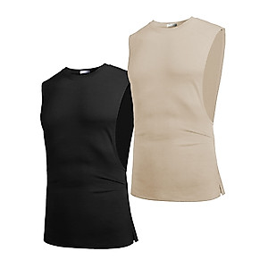 COOFANDY Mens Gym Tanktop Athletic Workout Muscle Bodybuilding T Shirt Black/Light Khaki(2pcs) X-Large Sleeveless