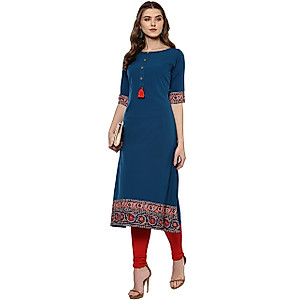 Janasya Indian Women's Tunic Tops Crepe Kurti for Women(JNE2100-KR-144-XXL) Turquoise