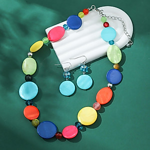 Jules D. Simple Beaded Choker Necklace Handmade Shell Multi Colorful Brown Green Beads Statement Necklace Bracelet Earring Set Costume Jewelry for Women Gifts (Multi)
