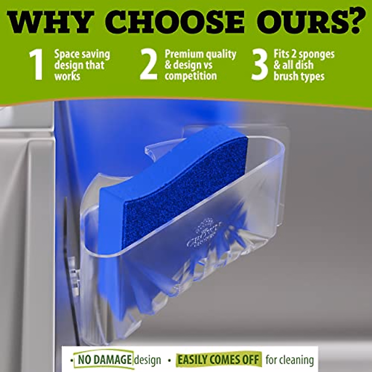 The Crown Choice Kitchen Sponge and Brush Holder – Space Saving Corner Sink Caddy - Sponge Holder Plastic, Adhesive, Rust Proof and Water Proof – Kitchen Holder Sponges, Scrubbers, Soap