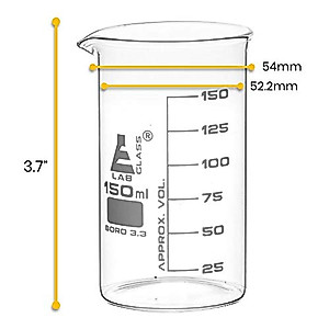 EISCO Beaker, 150ml - Tall Form with Spout - White, 25ml Graduations - Borosilicate 3.3 Glass