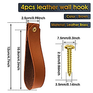 Abeillo 4 Pcs Medium Leather Wall Hooks, Artificial Leather Straps Hanger Wall Mounted Towel Hook Hanging Strap Holder for Bathroom Kitchen Bedroom Nordic Boho Decor (Brown)