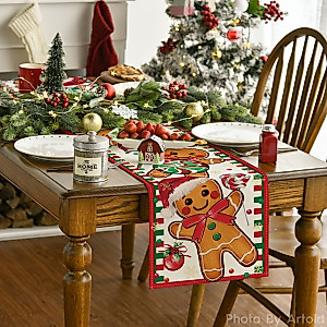 Artoid Mode Gingerbread Candy Cane Christmas Table Runner, Seasonal Winter Kitchen Dining Table Decoration for Home Party Decor 13x72 Inch