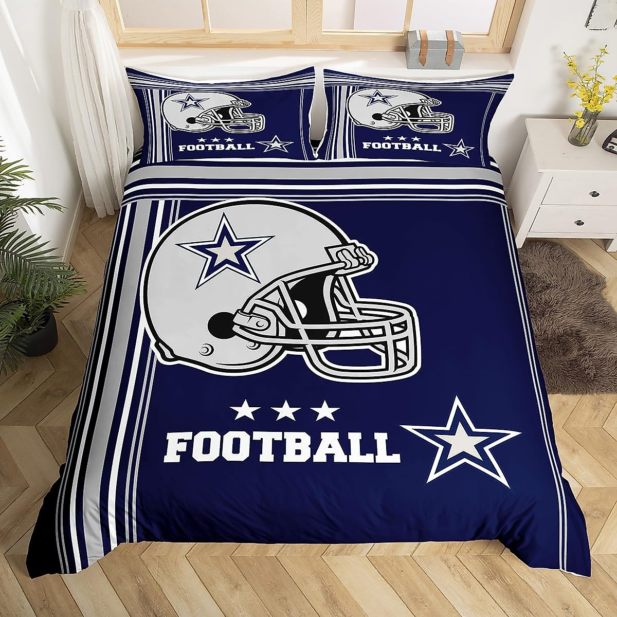 American Football Duvet Cover Set King Size,Western Texas Star Cowboy Football Sports Bedding Set,Boys Men Room Decor,Rugby Helmet Geometric Stripes Comforter Cover,Blue Quilt Cover,2 Pillowcases