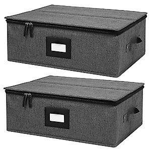 Cup and Mug Storage Box 2Pack, 12 Cells China Storage Containers for Tea Cups and Coffee Mugs with Zipper Lid and Rivet Reinforced Handles, Hard Shell and Stackable (Black)