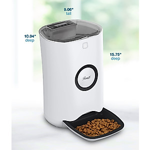 Rosewill Automatic Pet Feeder Food Dispenser for Cat or Dog, Up to 6.5 lbs of Dry Food with Alarm, Portion Control & Voice Recorder, Programmable, USB & Battery Powered, White - (RPPF-21001)