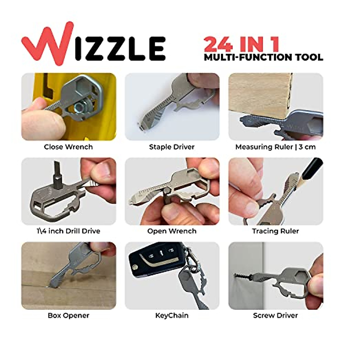 Wizzle EDC MultiTool - 24 in 1 Keychain Accessory, Pocket Size Multipurpose Solution for Camping and Fishing, Screwdriver, Bottle Opener, Hex Wrench Tool, TSA Compliant Ideal Gift for Men Silver Steel