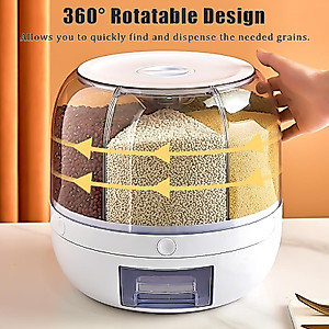 Rotating Grain Dry Food Dispenser Countertop - 6 Grids Cereal Tank for Lentils, Rice, Beans - Transparent Kitchen Pantry Storage Container, 360° Rotatable Design, Max 22 lbs Capacity, White - PET+PP