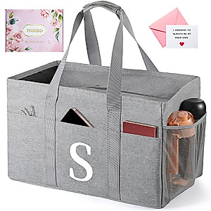 Reusable Grocery Bags Foldable, Large Can-vas Utility Tote Bag for Women, Reusable Shopping Bags for Groceries, Storage, Pool, Ini-tial Travel Bag, Personalized Mom Christmas Gifts w Card Gift Box S