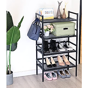 37.4" Metal Storage Shelf Rack Adjustable Height 4-Tier Utility Kitchen Standing Shelving w/ 4 Hooks, Shoe Rack heavy Duty for Laundry Bathroom Garage Pantry Load upto 83LBS per Tier, Matte Black