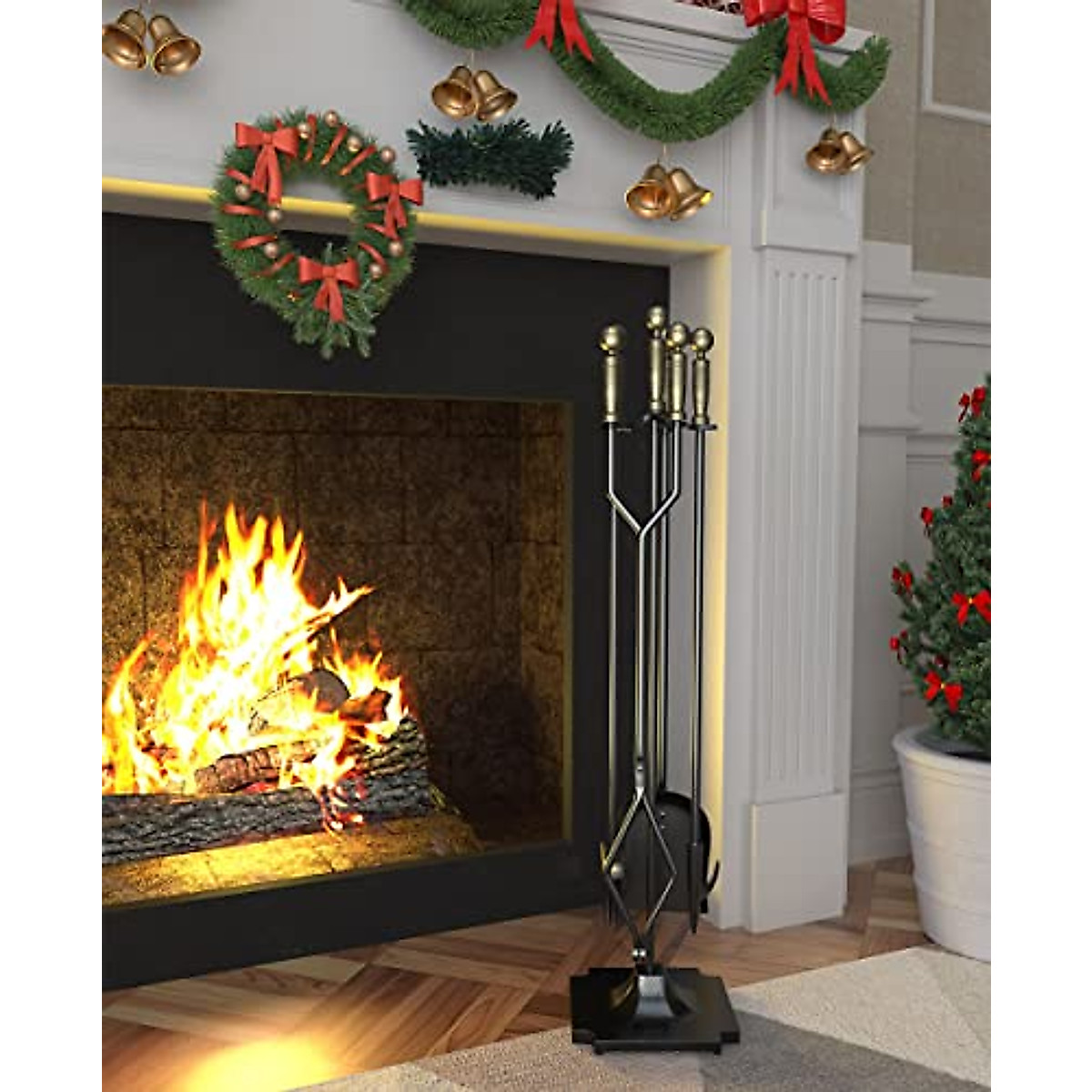 CALIDOLA 5 Pieces Fireplace Tool Set, Cast Iron Hearth Accessories Tools with Antique Brass Handles