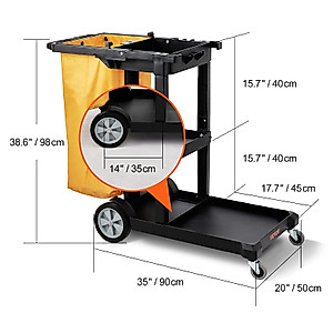VEVOR Cleaning Cart, 3-Shelf Commercial Janitorial Cart, 200 lbs Capacity Plastic Housekeeping Cart, with 25 Gallon PVC Bag, 47" x 20" x 38.6", Yellow+Black