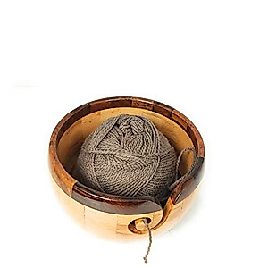 PrimeArt Steam beech Crafted Wooden Yarn Ball Storage Bowl with Spiral Yarn Dispenser & Decorative Rings Knitting Crochet Accessories 7X4