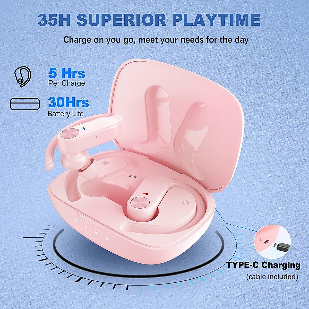 LASUNEY Wireless Earbuds, 35H Playtime Bluetooth Headphones with Mics and Charging Case for iPhone Android, Waterproof Running Headphones for Gym Workout, Hi-Fi Sound Over Ear Buds with Earhooks-Pink