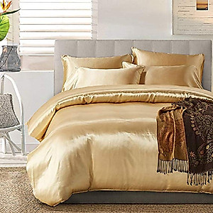 3 Piece Duvet Cover Set (1 Duvet Cover + 2 Pillow Shams) Satin Silk Honeymoon Sexy Luxury 100% Super Soft Microfiber Bedding Collection (Gold, Queen)