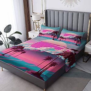 Full Size Sheet Sets - Vaporwave Bed Sheets, Neon Tropical Landscape Bedding Sheets & Pillowcases, Soft Microfiber & Deep Pocket & Wrinkle Free Sheet Set, 1 Fitted Sheet, 1 Flat Sheet, 2 Pillow Cases