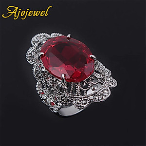 Ajojewel Big Oval Crystal Red Rings For Women Hollow Out Flower Design Finger Jewelry Vintage Anel (Red, 9)