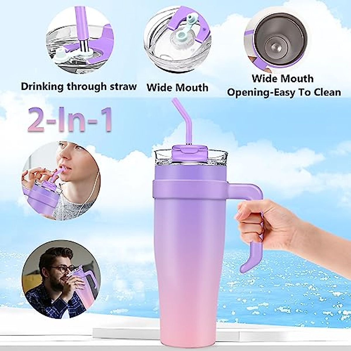 NICEMHAPU 40 oz Tumbler with Handle and Straw, Insulated Cup Stainless Steel with Handle, Water Bottle Travel Coffee Mug Fit In Car Cup Holder, Keep Cold for 34Hrs or Hot for 10Hrs